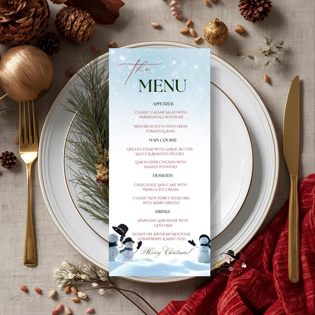 Editable Christmas Dinner Menu Template Holiday Winter Party Menu Card ...