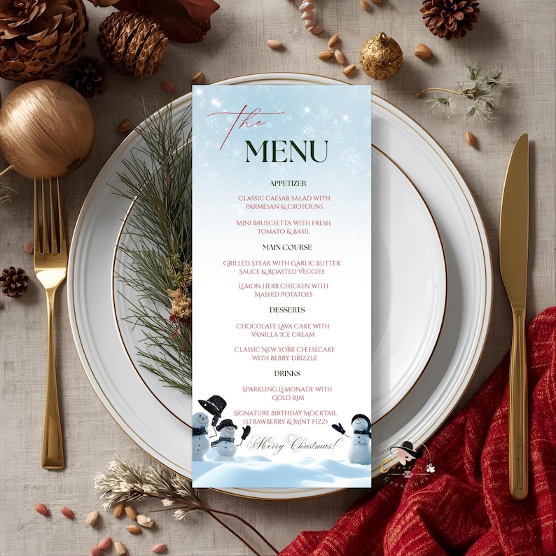 Editable Christmas Dinner Menu Template Holiday Winter Party Menu Card Printable Xmas Festive ...