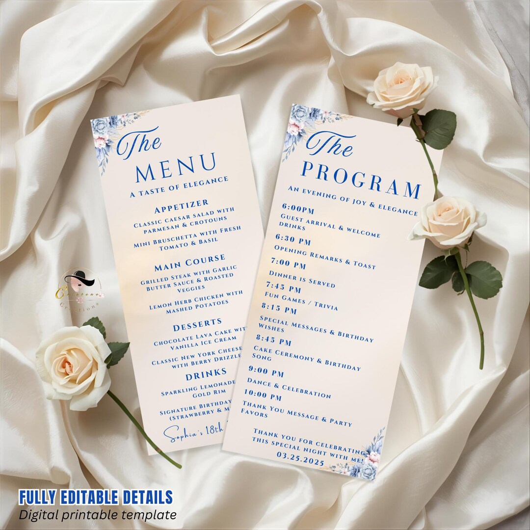 Editable Menu and Program Template, Birthday Dinner Menu Cards ...