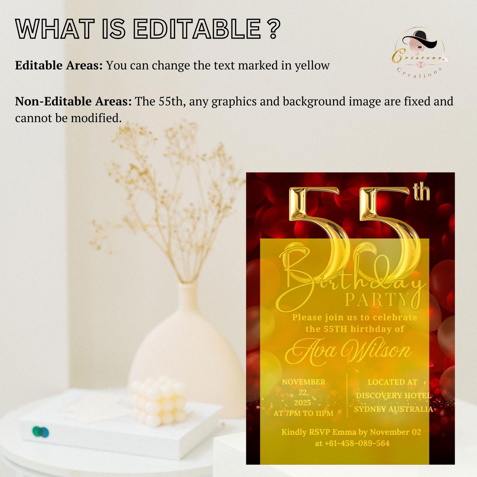 Red and Gold 55th Birthday Invitation, Elegant Dinner Party (digital ...