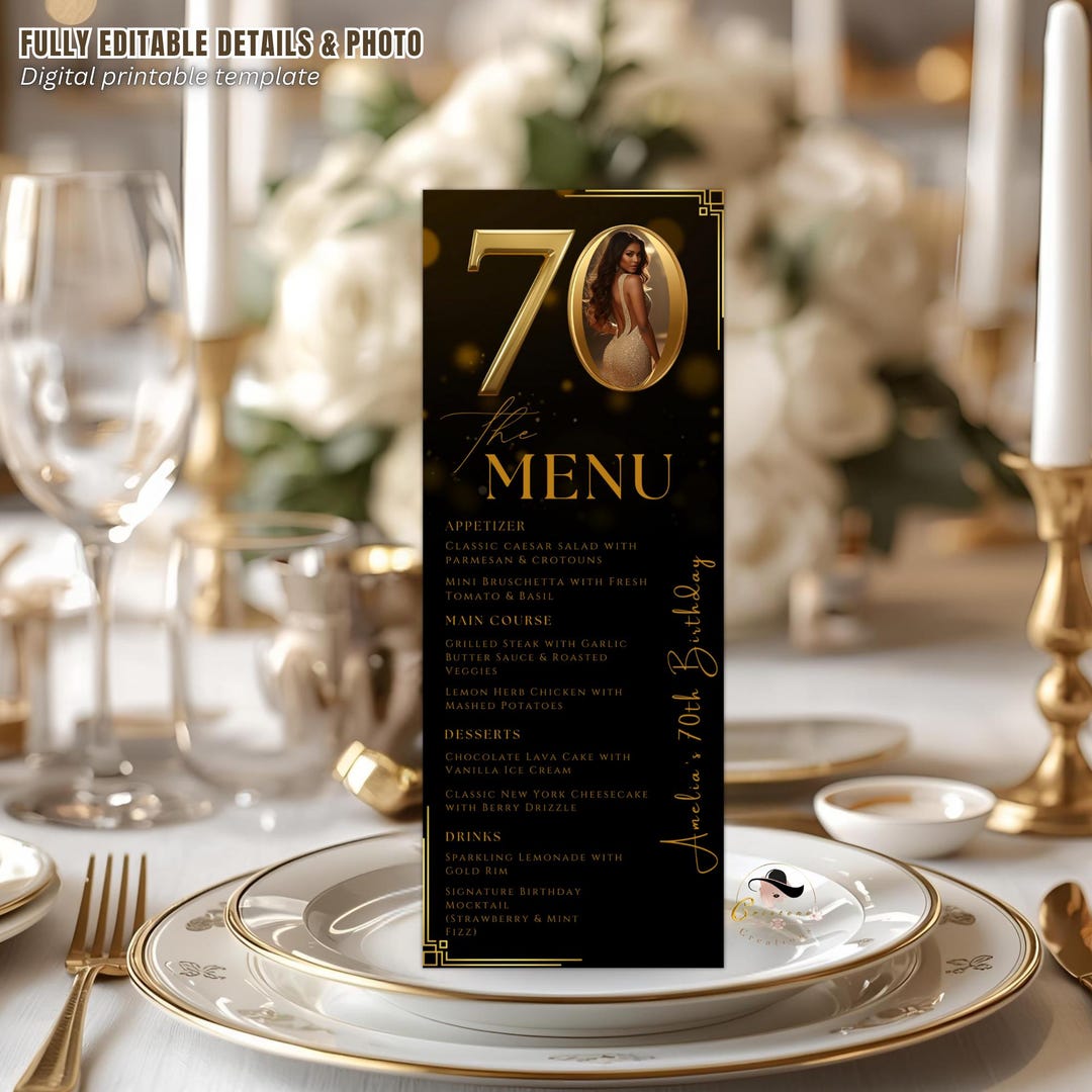 70th Birthday Party Menu Card, Black Gold Elegant Dinner Menu With ...