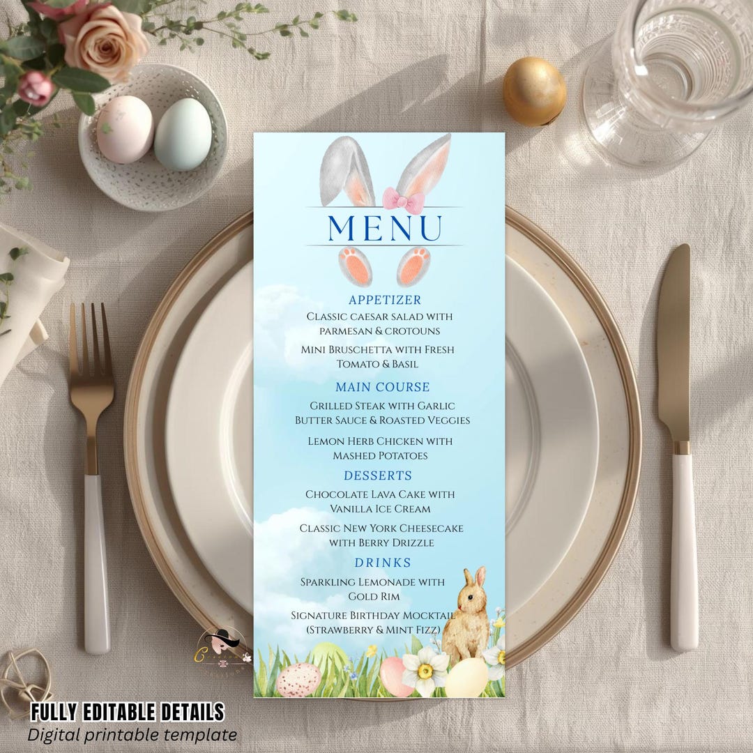 Editable Easter Party Menu Card, Bunnies Menu Template, Kids Egg Hunt ...