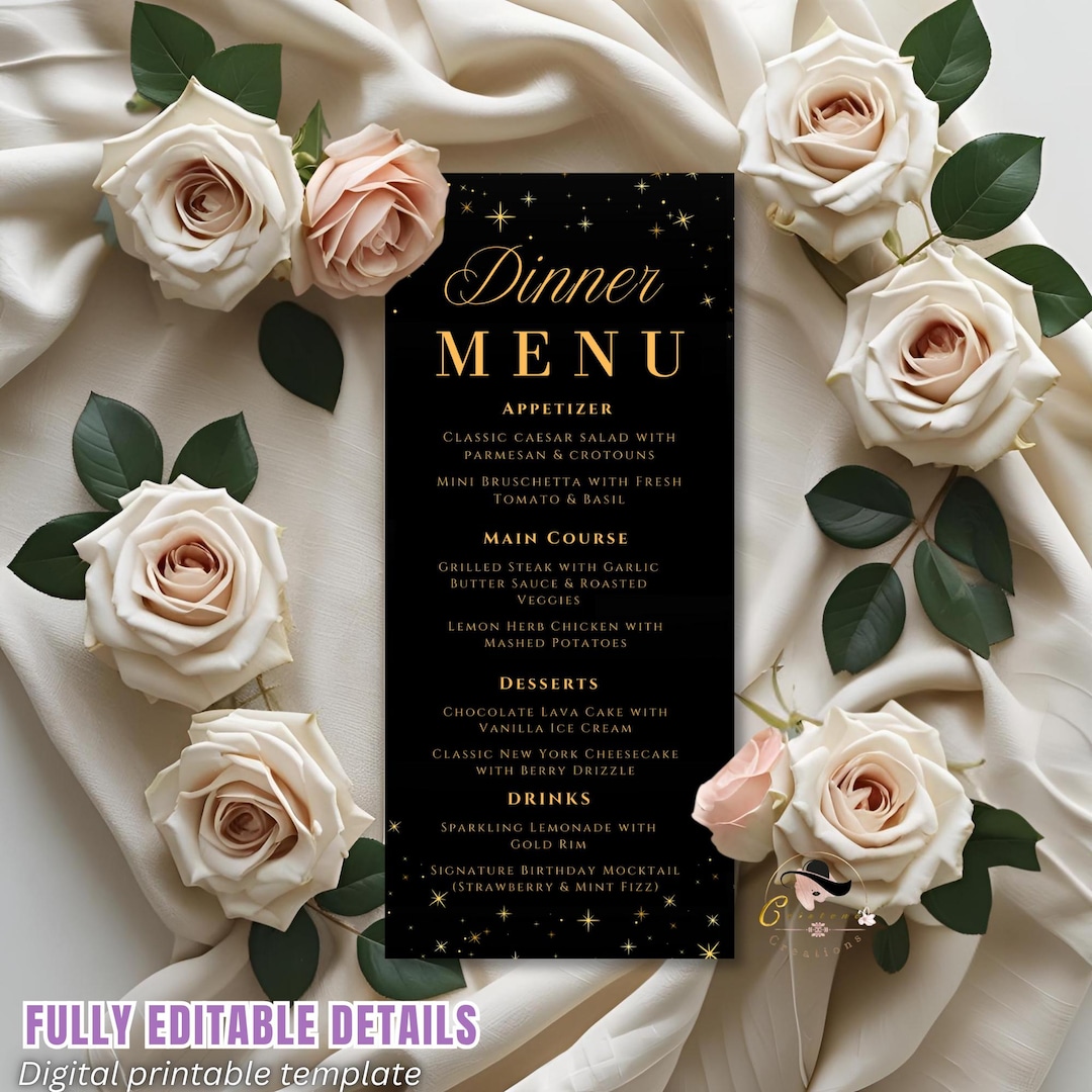 Editable Dinner Party Menu Template Black Gold Menu Cards Printable ...