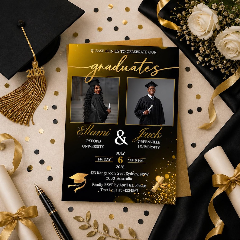 Twin Graduation Invitation With Photo, Double Senior Grad Party Invite ...