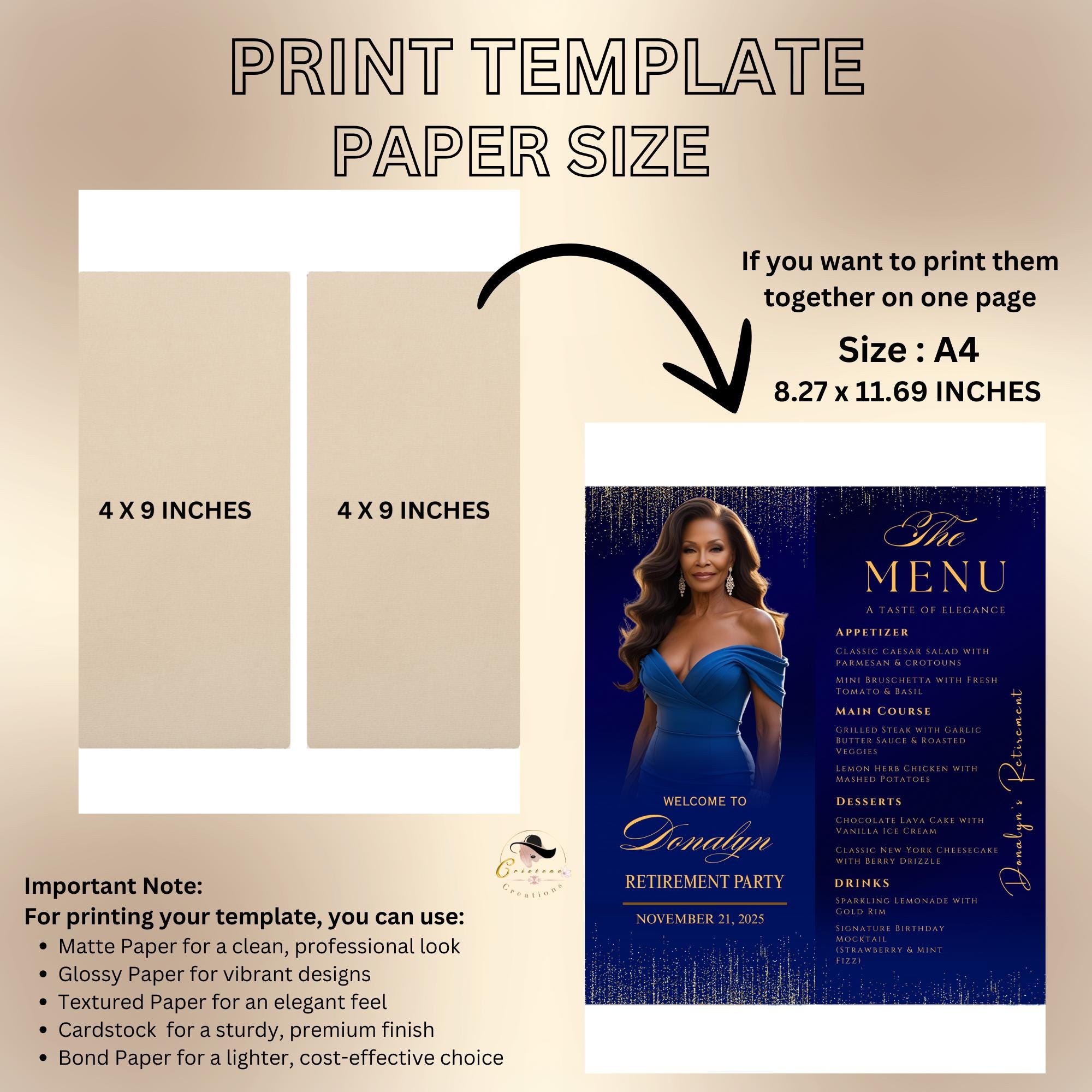 Editable Retirement Menu Template Blue Gold With Photo Birthday Dinner ...