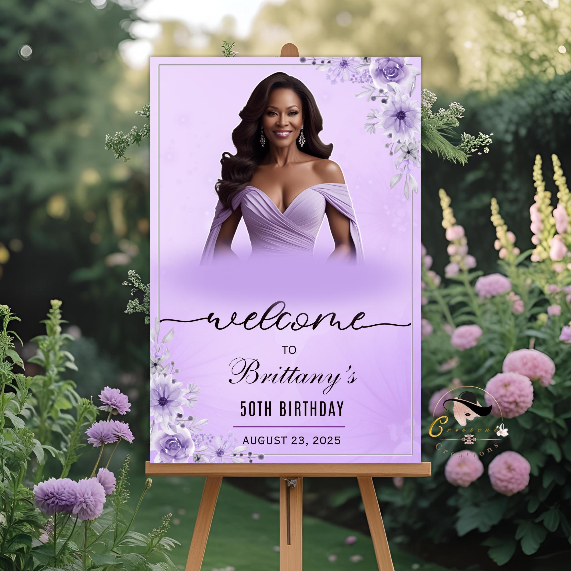 Editable Welcome Party Sign Purple Floral Birthday Dinner Sign ...