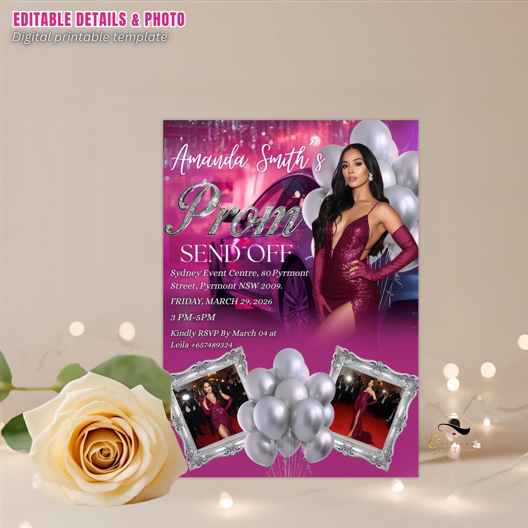 Purple Prom Send off Party Invitation, Girl Prom Night With Photo ...