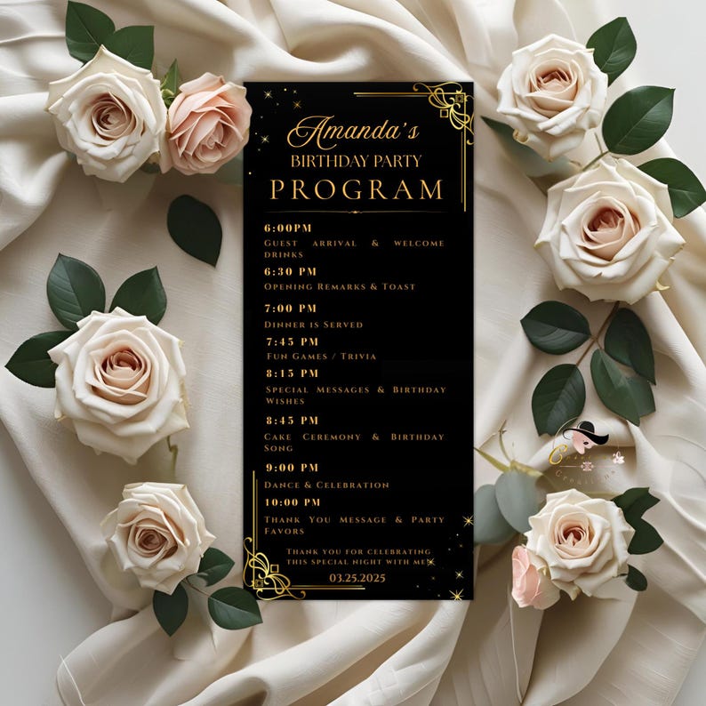 Black Gold Menu and Program Template Birthday Party Menu Cards ...