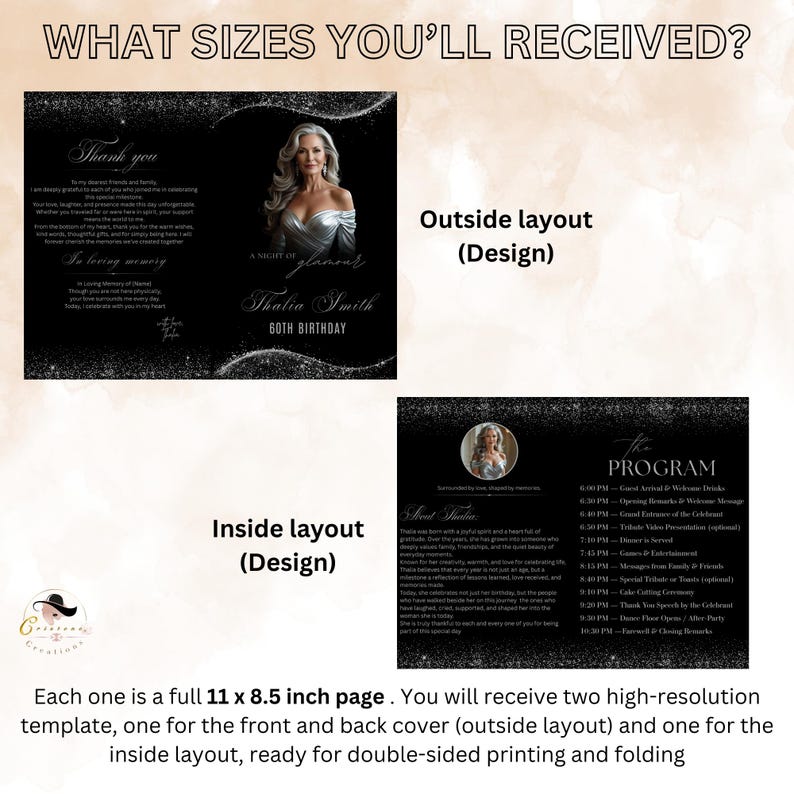 Editable Program Template Black Silver Bifold Birthday Program Card ...