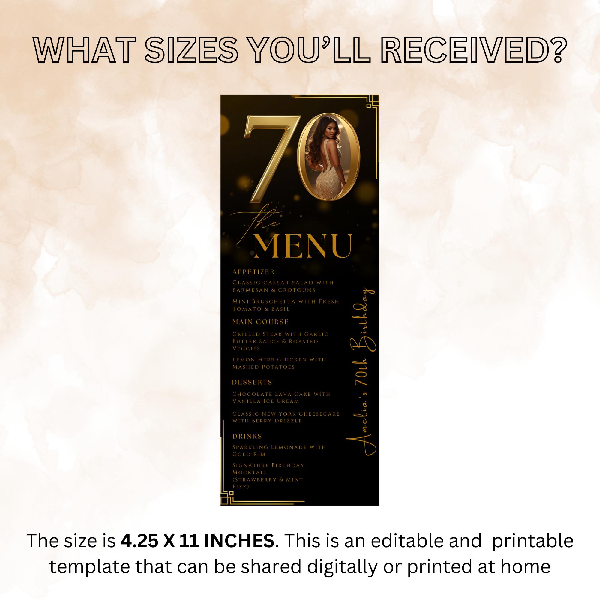 70th Birthday Party Menu Card, Black Gold Elegant Dinner Menu With ...