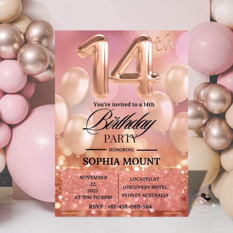 Rose Gold 14th Birthday Invitation Card, Printable and Digital Fourteen ...