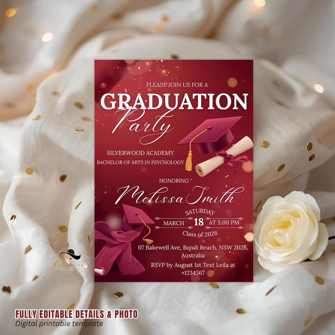 Maroon Graduation Party Invitation, Class of 2026 Senior Graduation ...