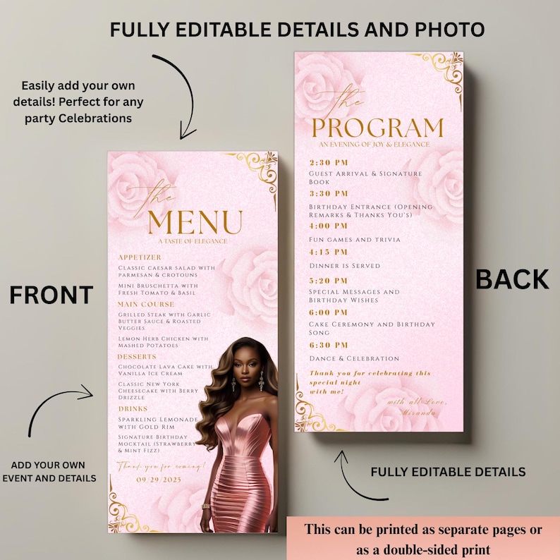 Editable Menu and Program Template Pink Birthday Party Program Card ...