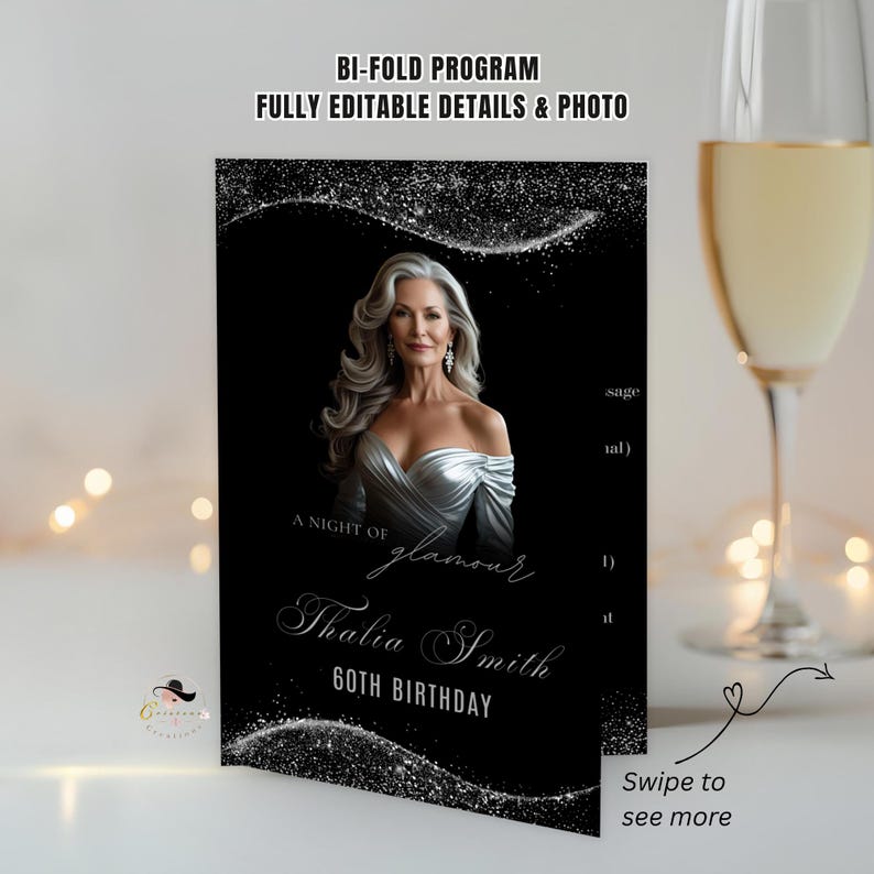 Editable Program Template Black Silver Bifold Birthday Program Card ...