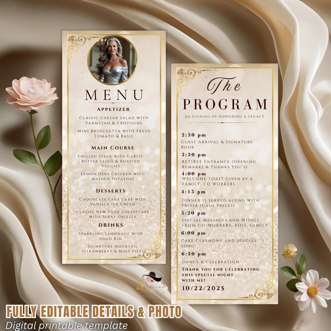 White Gold Menu and Program Template With Photo Retirement Party Menu ...