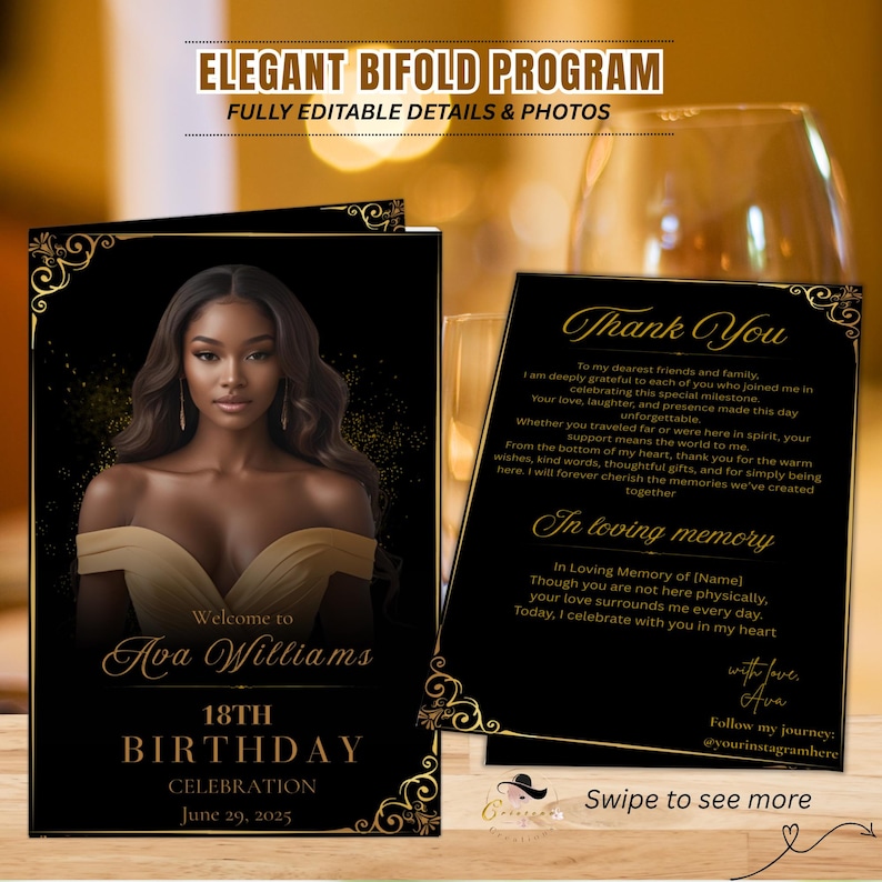 Birthday Program Template Black Gold Bifold Program Card Printable With ...