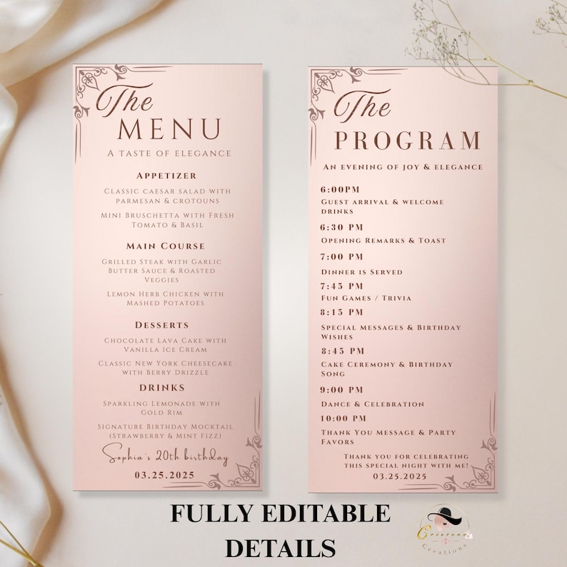 Rose Gold Menu Card and Program Template, Birthday Menu Pink, Wedding ...