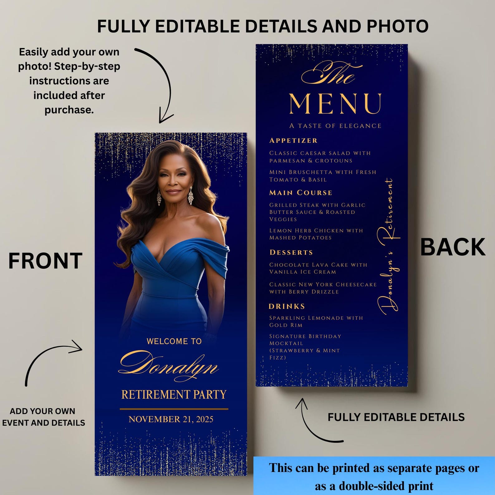 Editable Retirement Menu Template Blue Gold With Photo Birthday Dinner ...