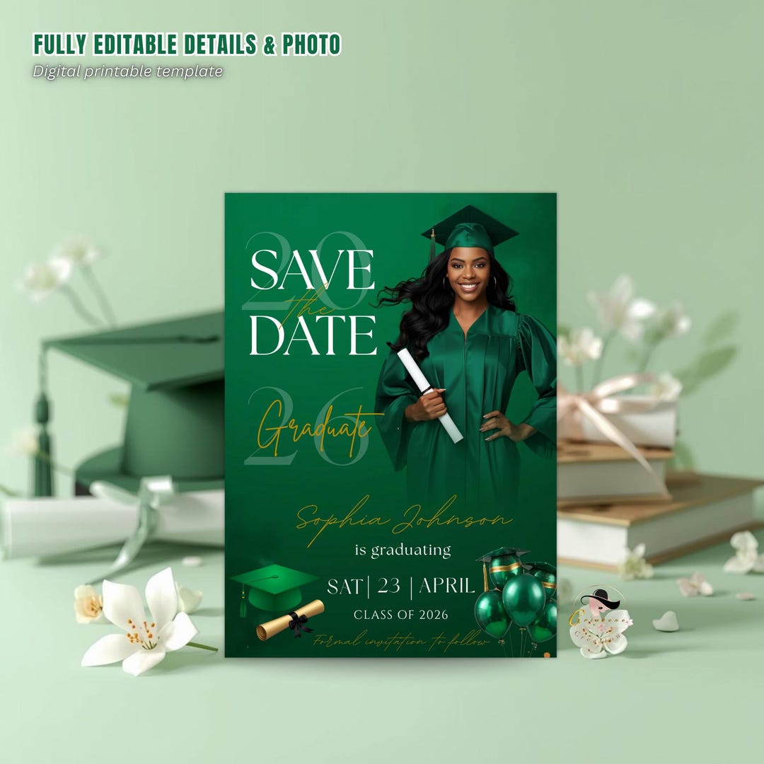 Green Save the Date Graduation Announcement Invitation With Photo ...