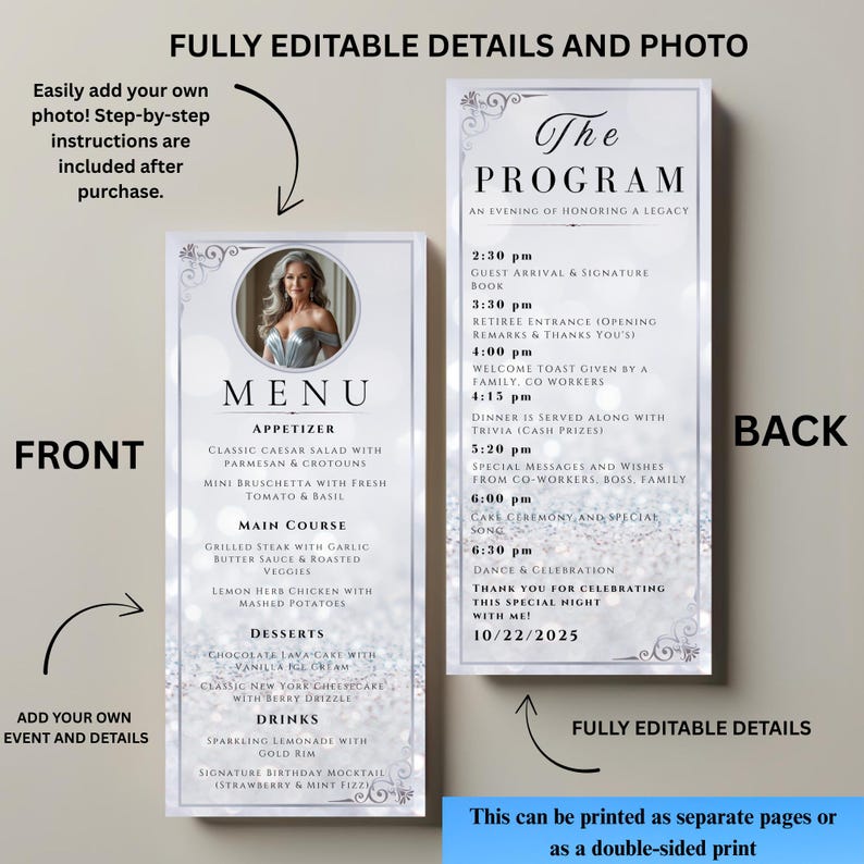 White Silver Menu and Program Template, Dinner Menu Card, Order of ...