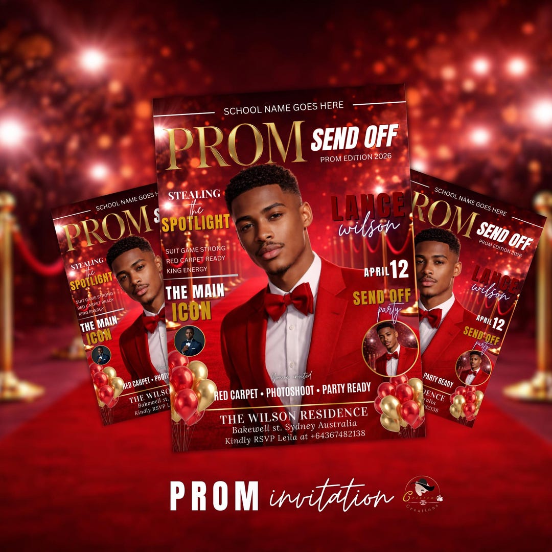 Red Gold Prom Send off Party Invitation, Prom King With Photo Invite ...
