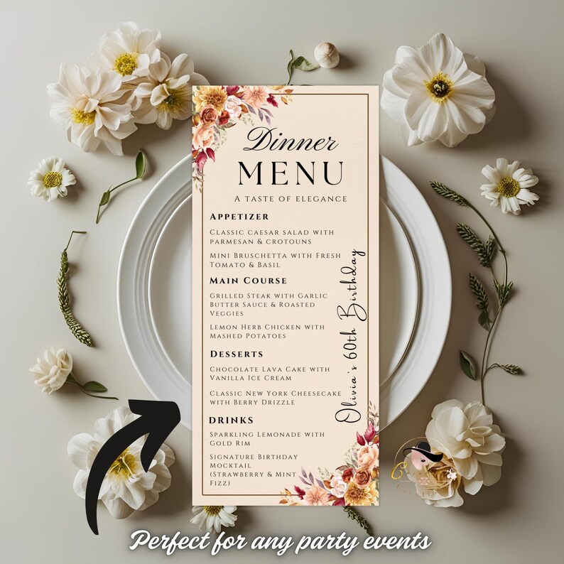 Editable Dinner Menu Template Birthday Party Menu Cards Printable ...