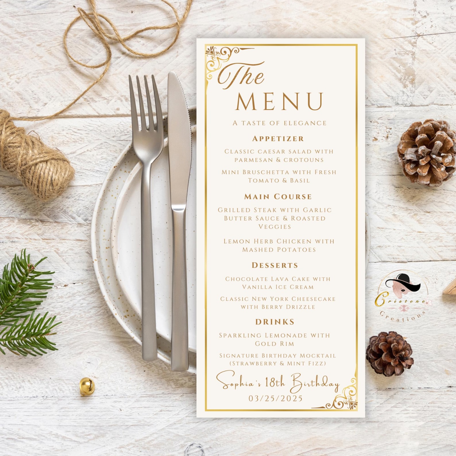 White Gold Menu and Program Template, Birthday Party Menu Cards Digital ...