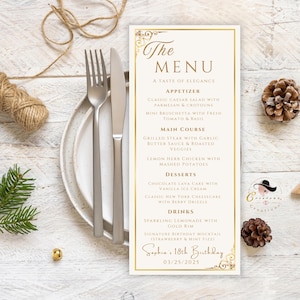 White Gold Menu and Program Template, Birthday Party Menu Cards Digital ...