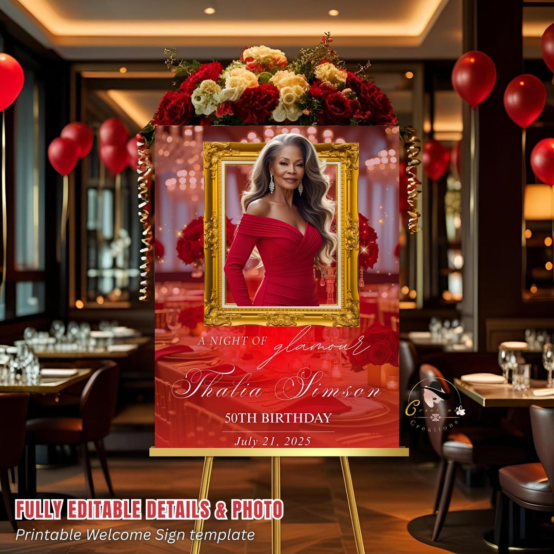 Editable Birthday Party Welcome Sign With Photo Red Gold Birthday ...