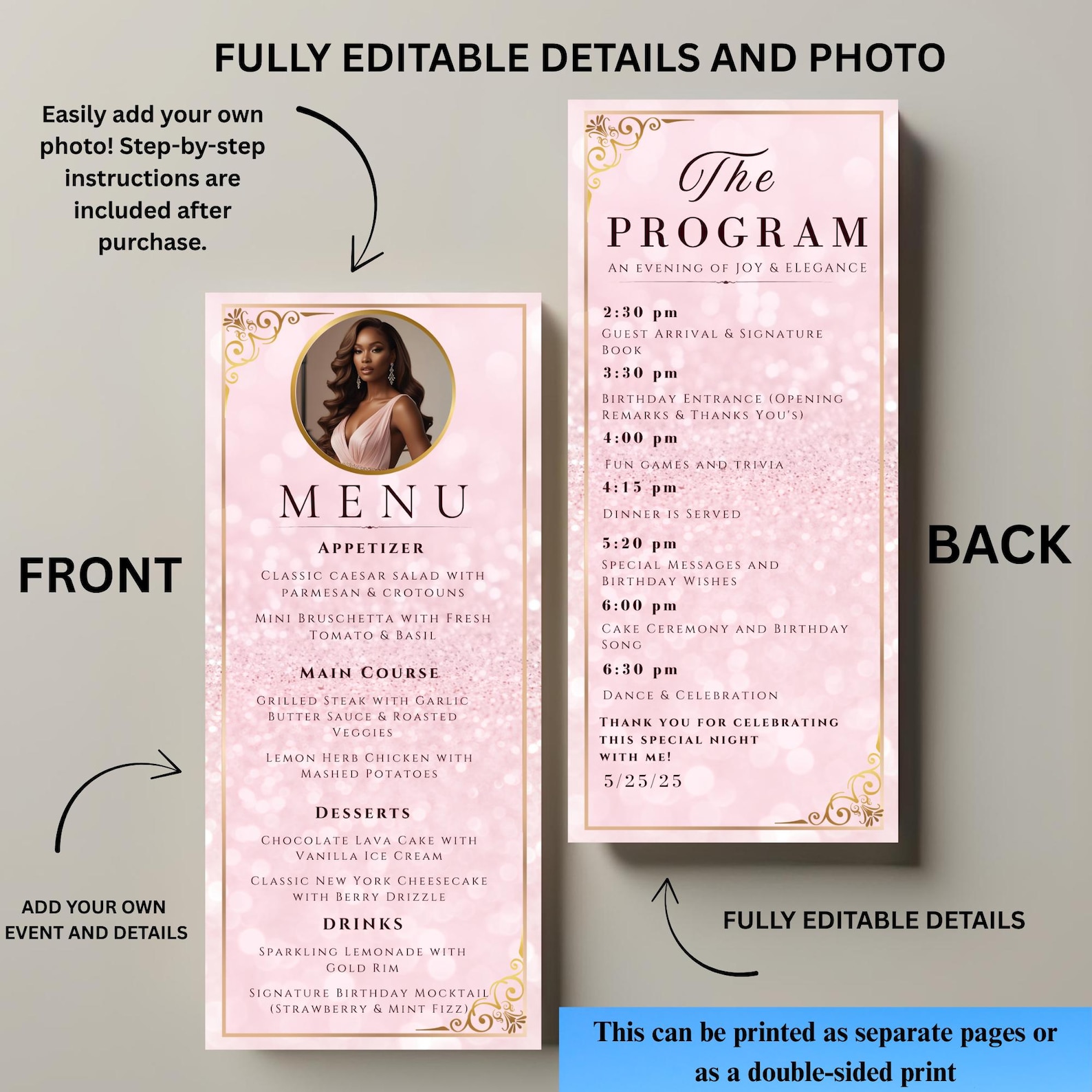 Menu and Program Template With Photo Pink Sweet 16 Birthday Dinner Menu ...