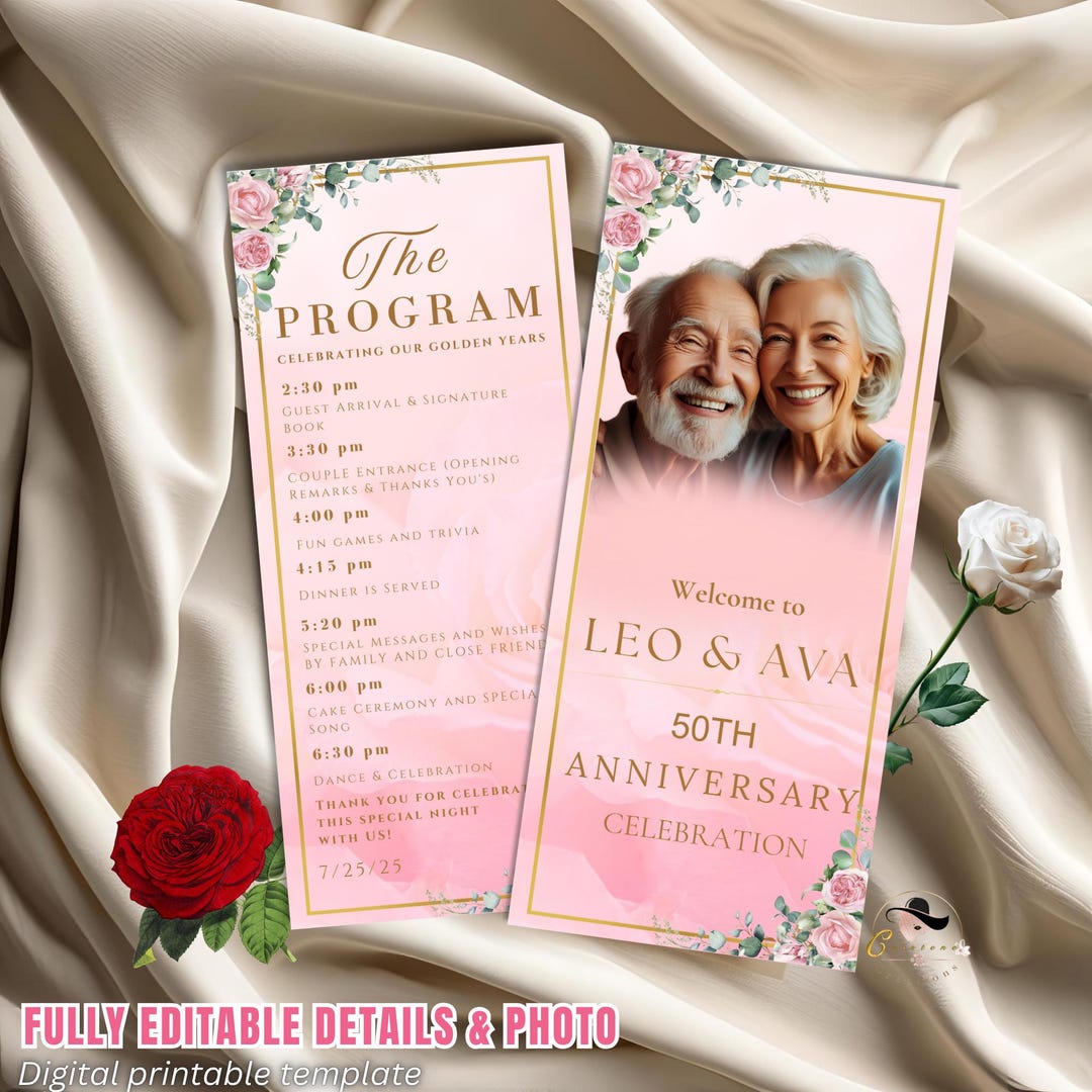 Editable Anniversary Program Template Pink Golden 50th Wedding ...