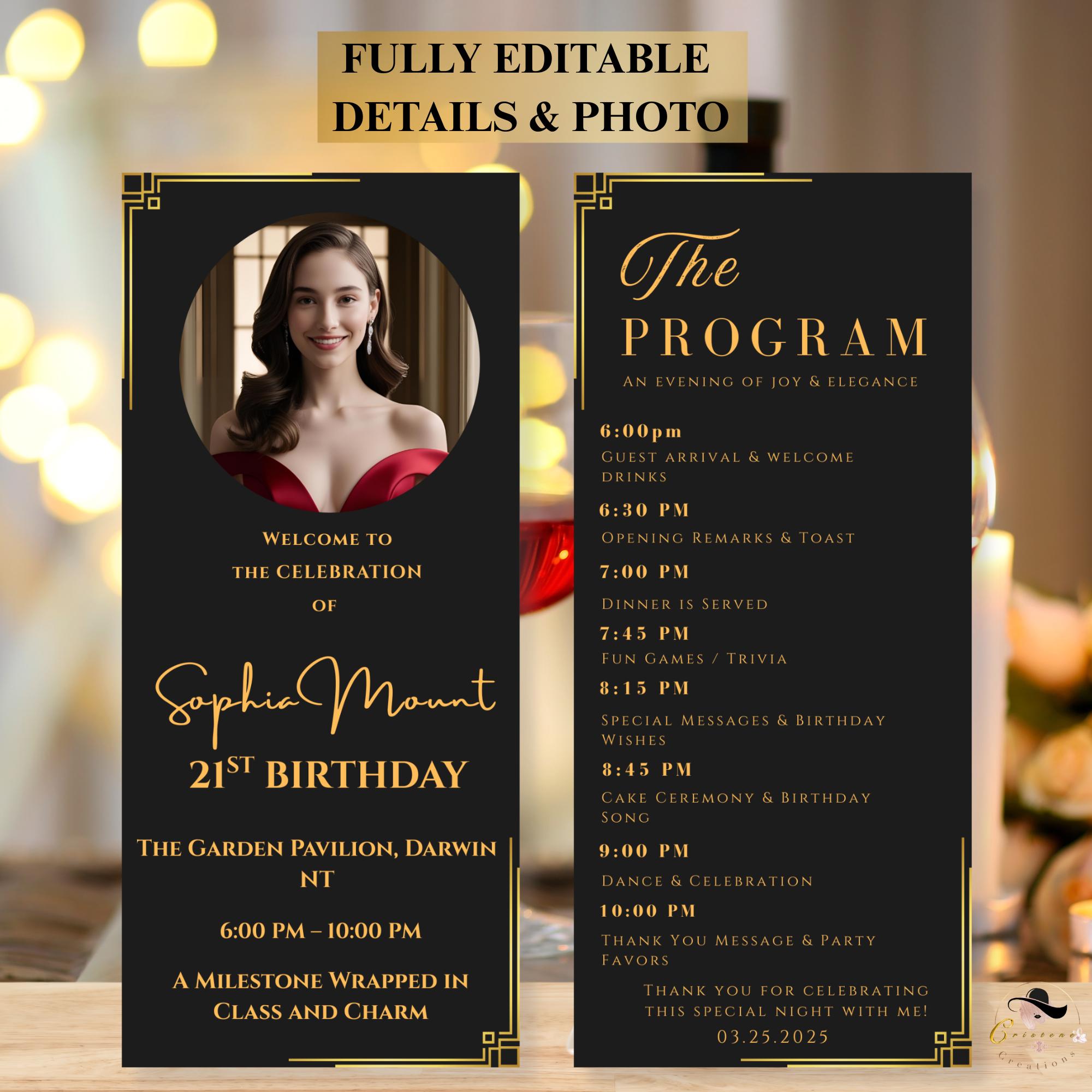 Birthday Party Program Template, Black Gold Event Program Schedule ...