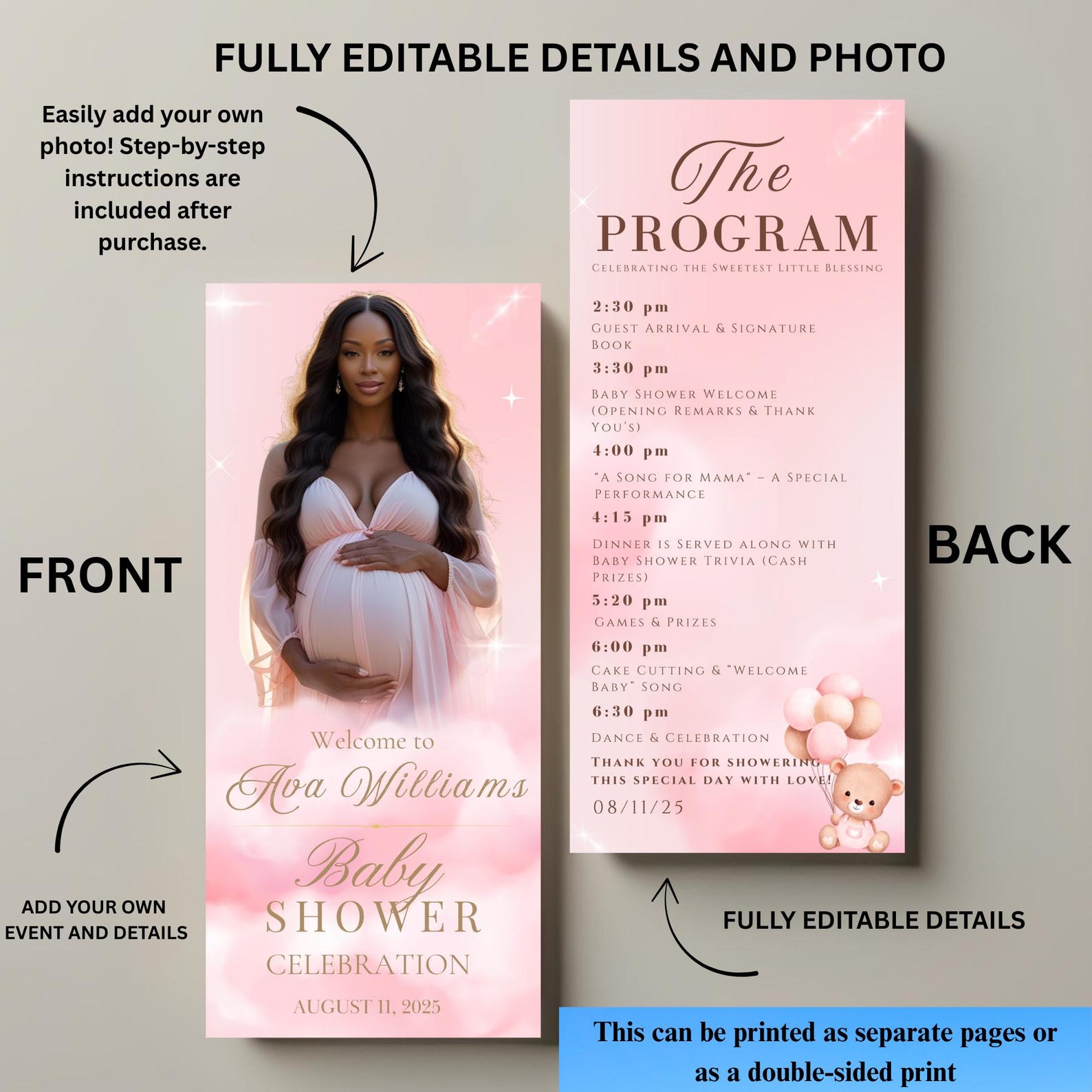 Editable Baby Shower Program Template With Photo Pink Baby Shower Itinerary, It's a Girl Baby ...