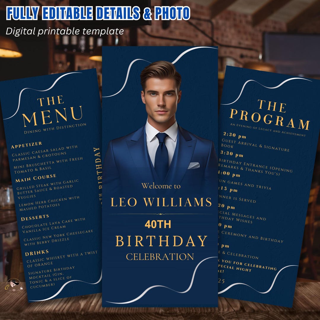 Men Birthday Menu and Program Template, Navy Blue Menu Card Printable ...