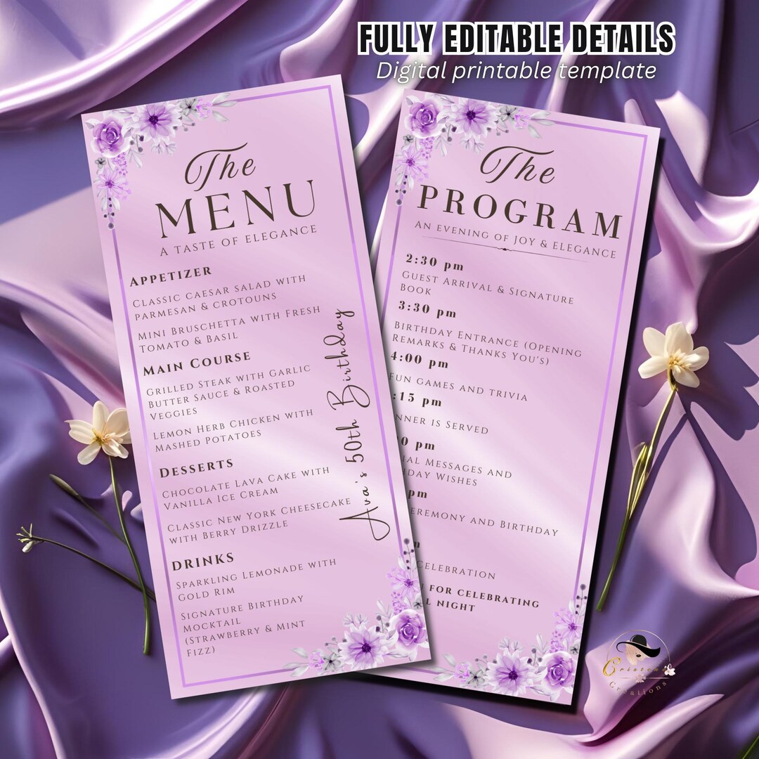 Purple Menu and Program Template Birthday Party Menu Dinner, Retirement ...