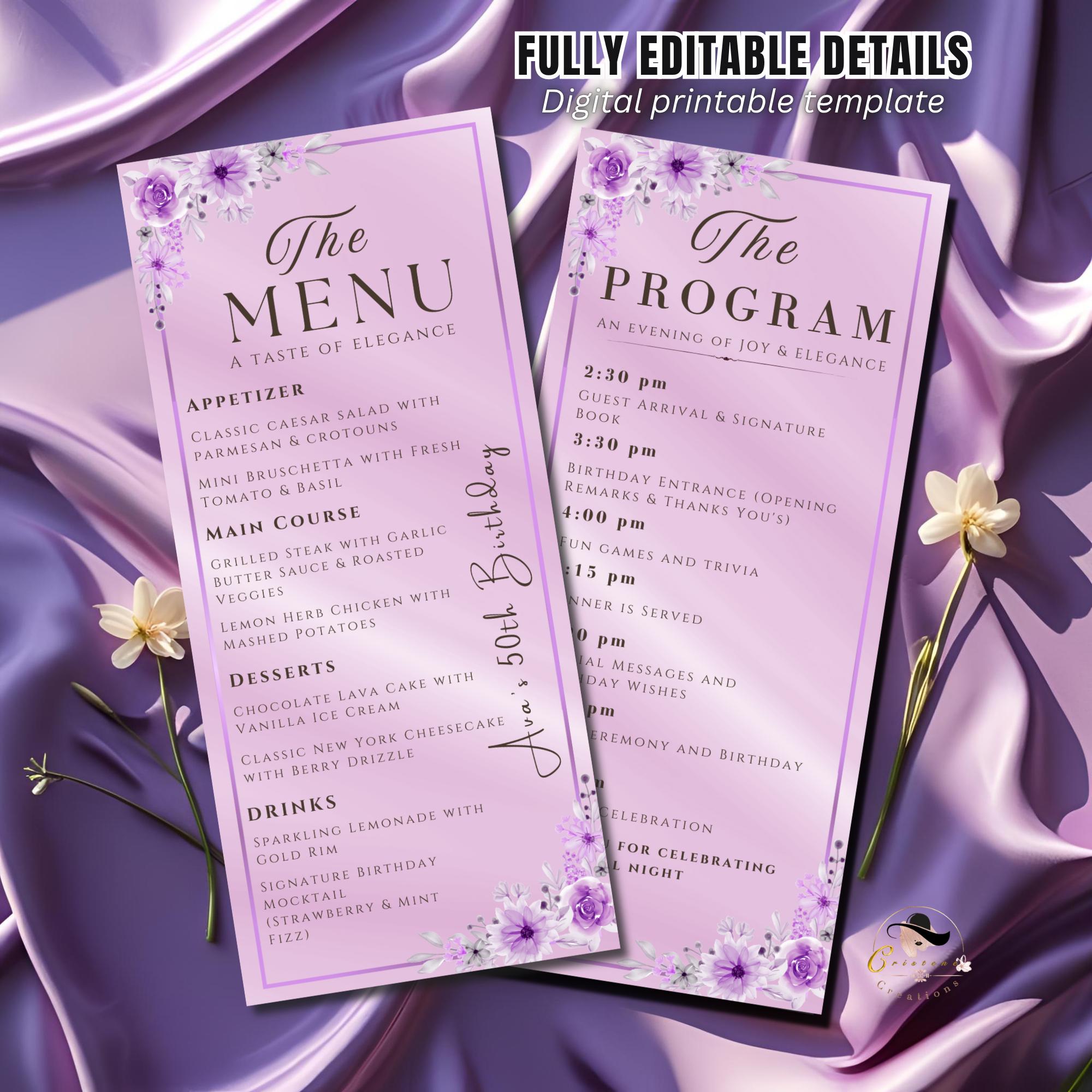 Purple Menu and Program Template Birthday Party Menu Dinner, Retirement ...