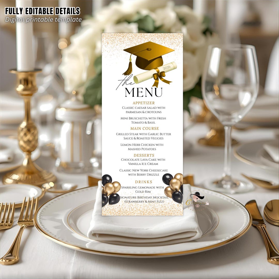 Graduation Party Menu, White Gold Senior Grad Dinner Menu, Commencement ...