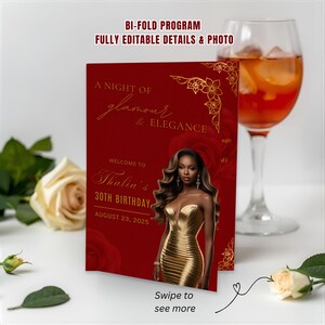 Editable Program Template Red Gold Bifold Birthday Program Card With ...