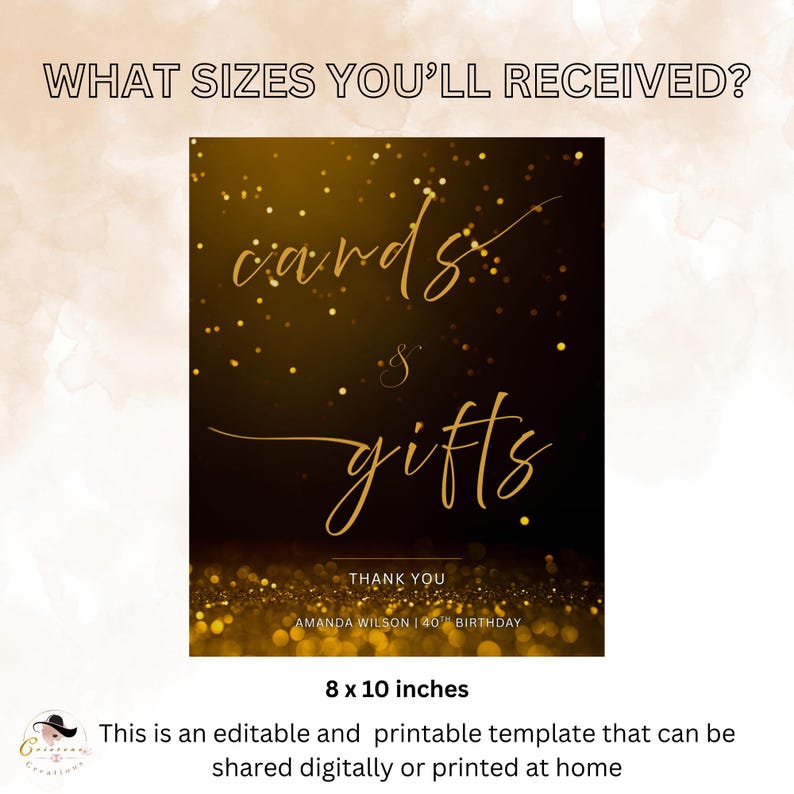 Editable Cards and Gift Sign Template Black Gold Birthday Gift Table ...