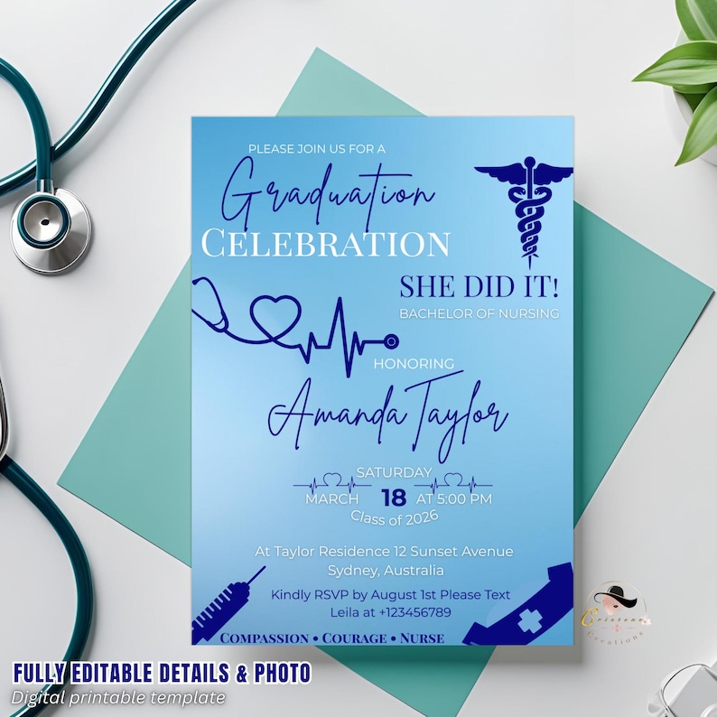 Blue Nurse Graduation Invitation, RN Pinning Ceremony Invite, BSN ...