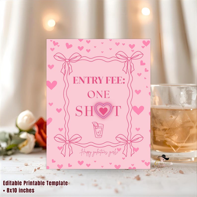 Pink Entry Fee Take A Shot Sign, Galentines ONE Shot Sign, Bow Bridal ...