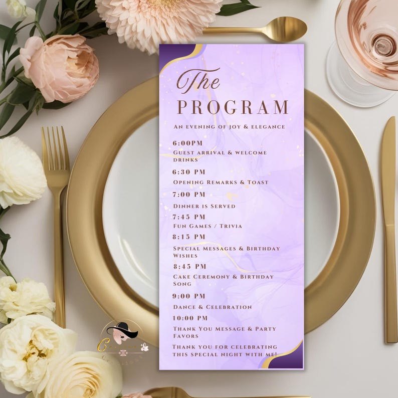 Editable Program Card Template, Purple Birthday Party Program, Formal ...