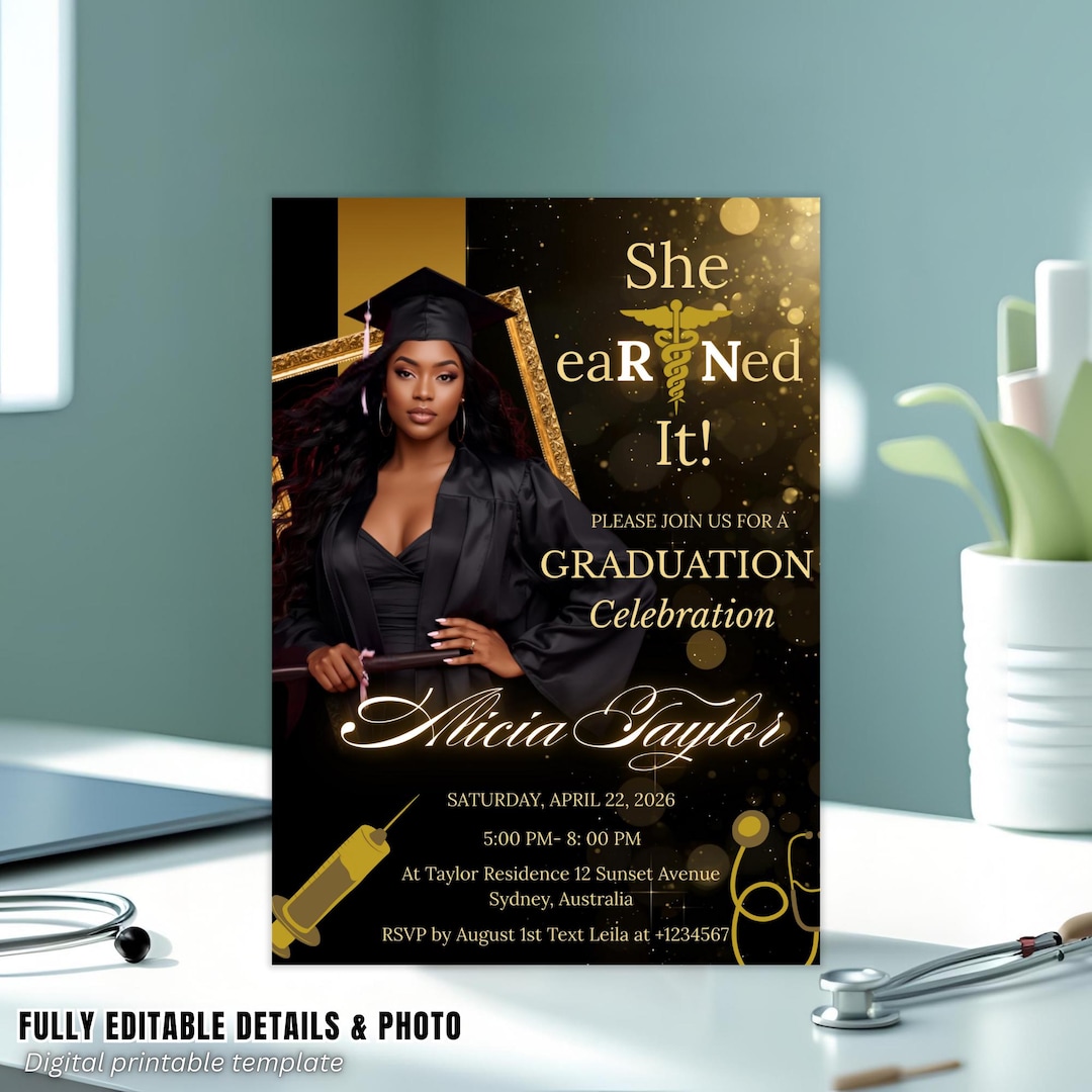 Digital Nurse Graduation Invitation With Photo, Black Gold RN ...