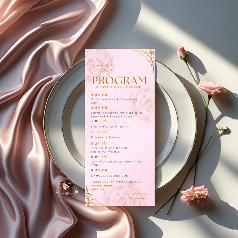 Editable Menu and Program Template Pink Birthday Party Program Card ...