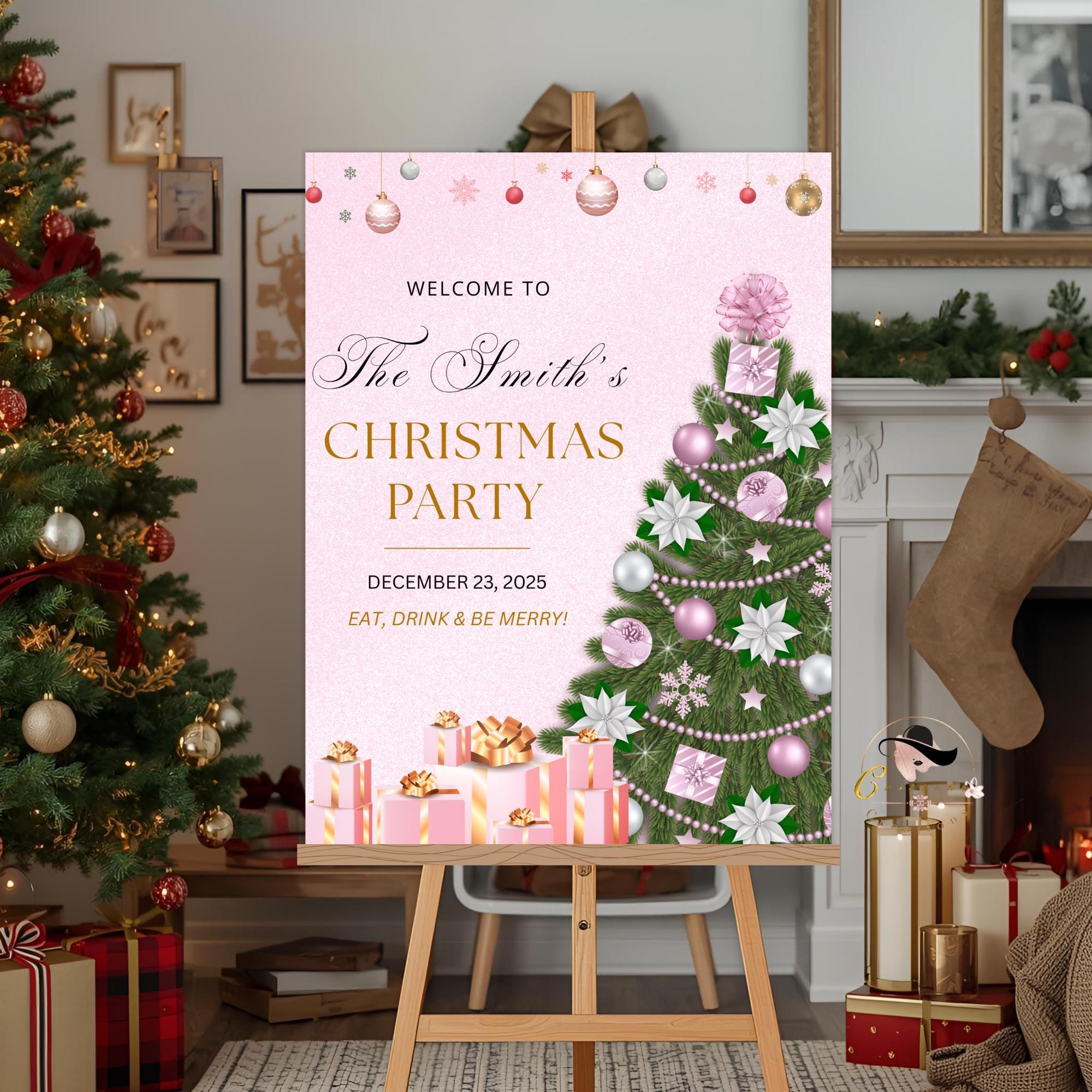 Editable Christmas Party Welcome Sign Pink Friendsmas Dinner Sign ...