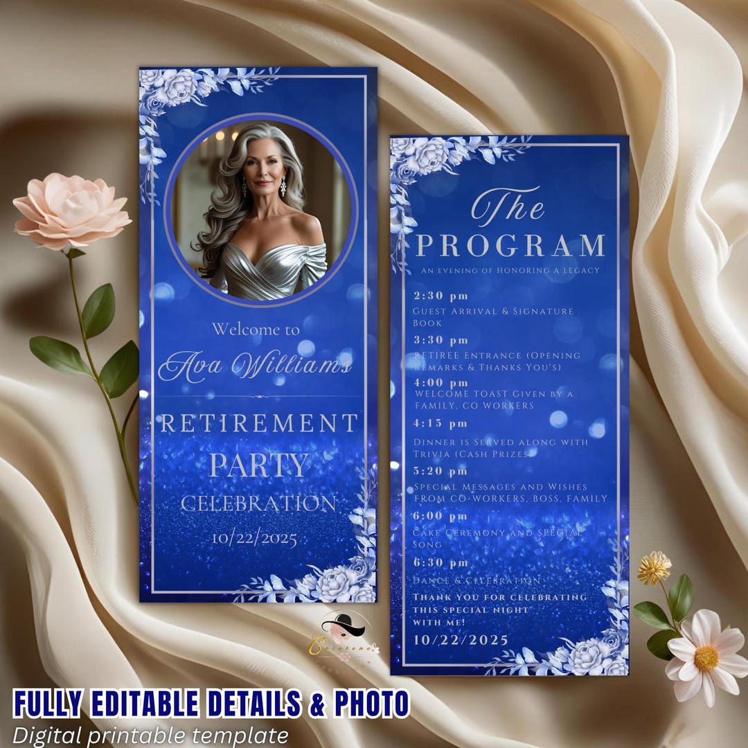 Retirement Program Template Blue Silver Program Card Printable Order of Events Birthday Party ...