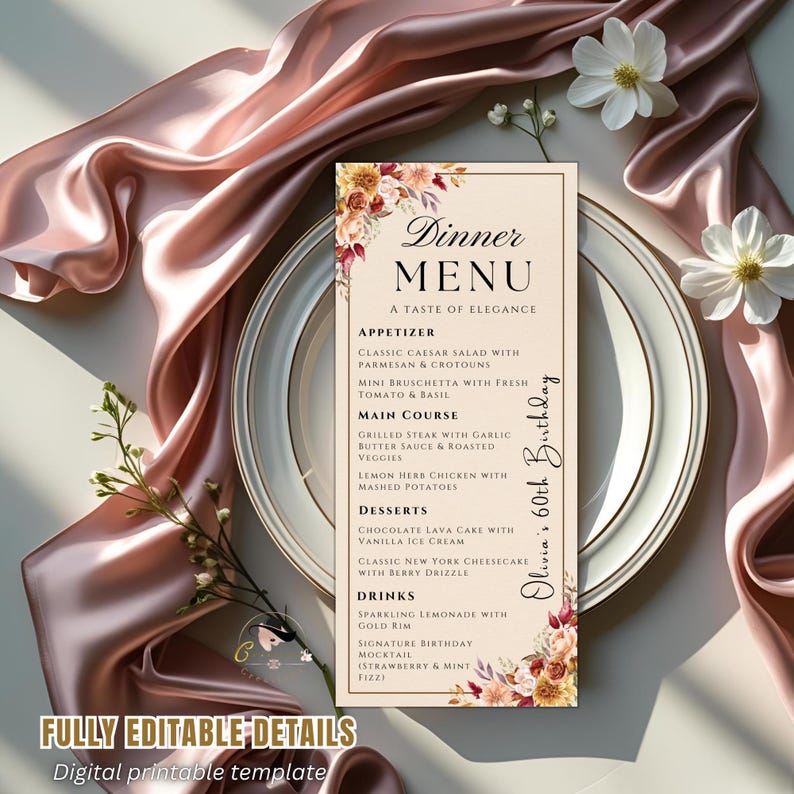 Editable Dinner Menu Template Birthday Party Menu Cards Printable ...