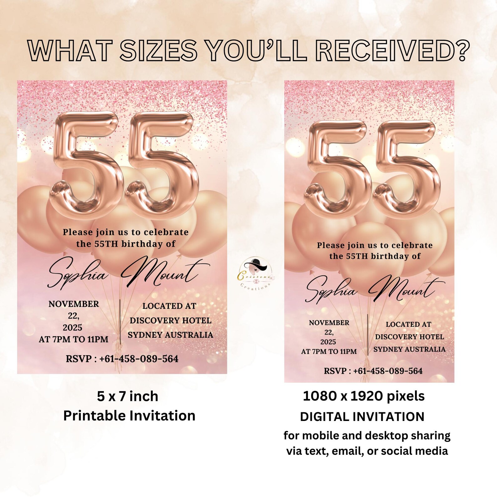 Digital 55th Birthday Invitation for Women, Pink Rose Gold 55th ...