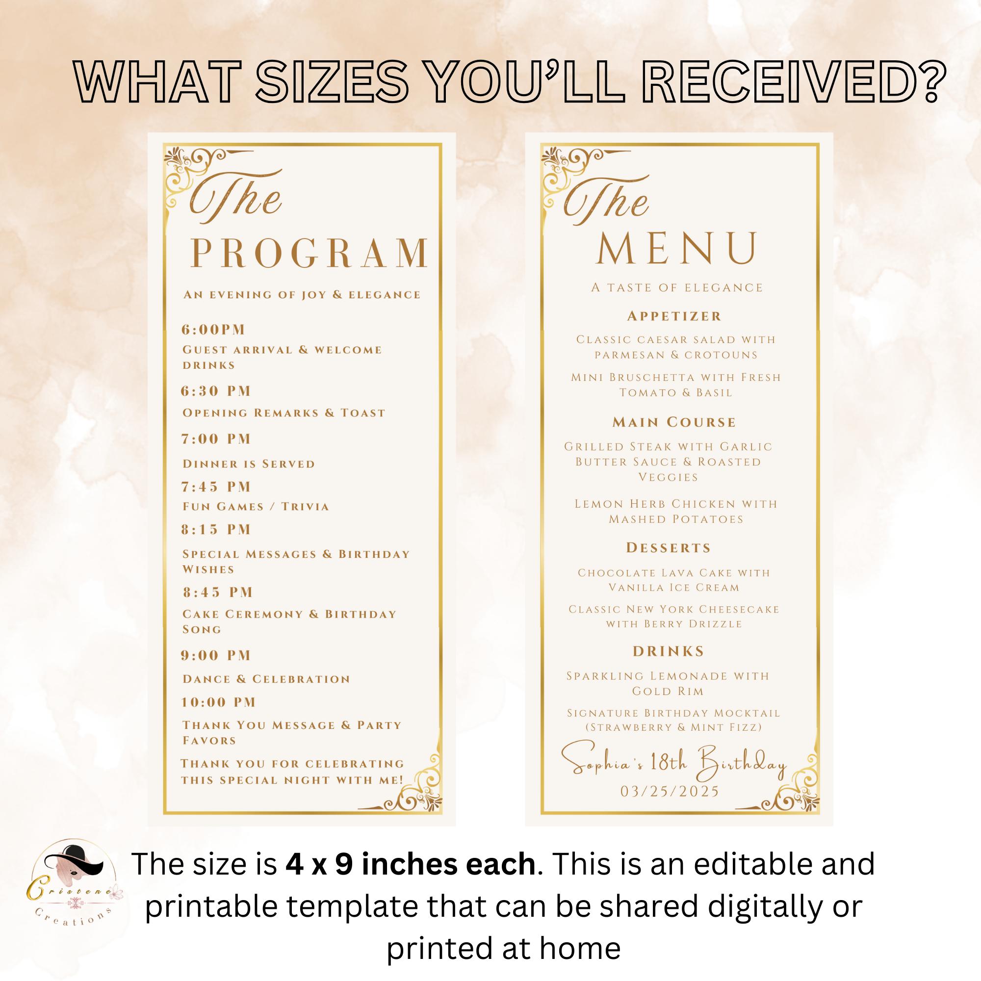 White Gold Menu and Program Template, Birthday Party Menu Cards Digital ...