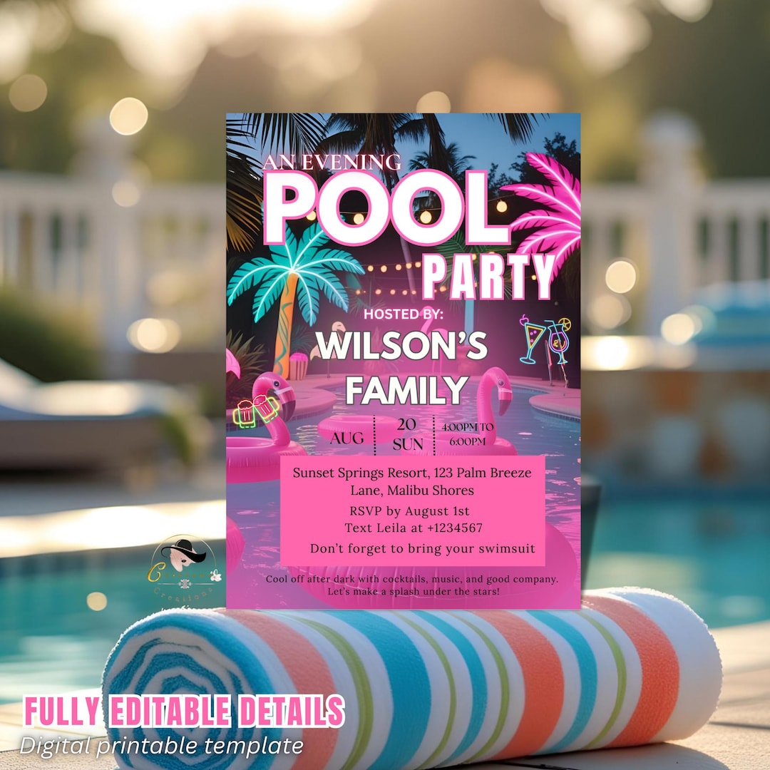 Neon Night Pool Party Invitation, Adult Birthday Pool Party Invite ...